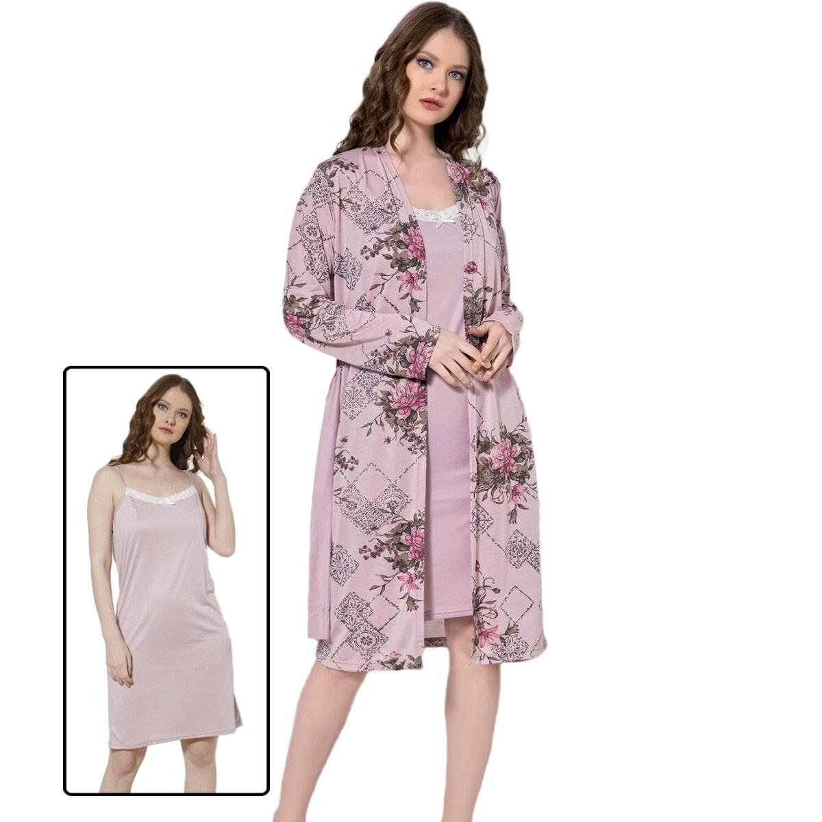 Çiçek Desenli Gecelik ve Sabahlık Takımı Sabahlıklı Pijama Takımı Pijamaevi